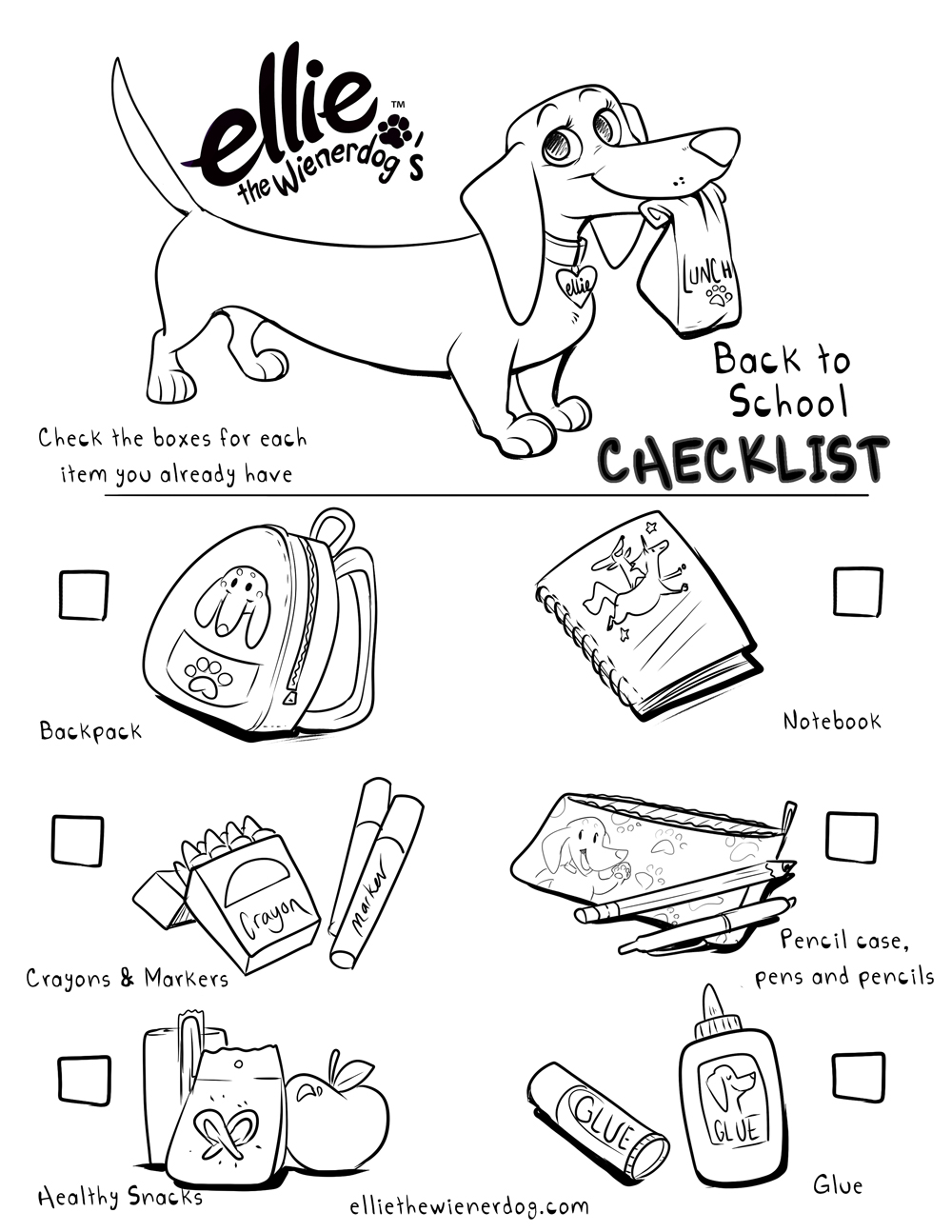 Ellie the Wienerdog Back to School Coloring Page Checklist – Ellie The ...